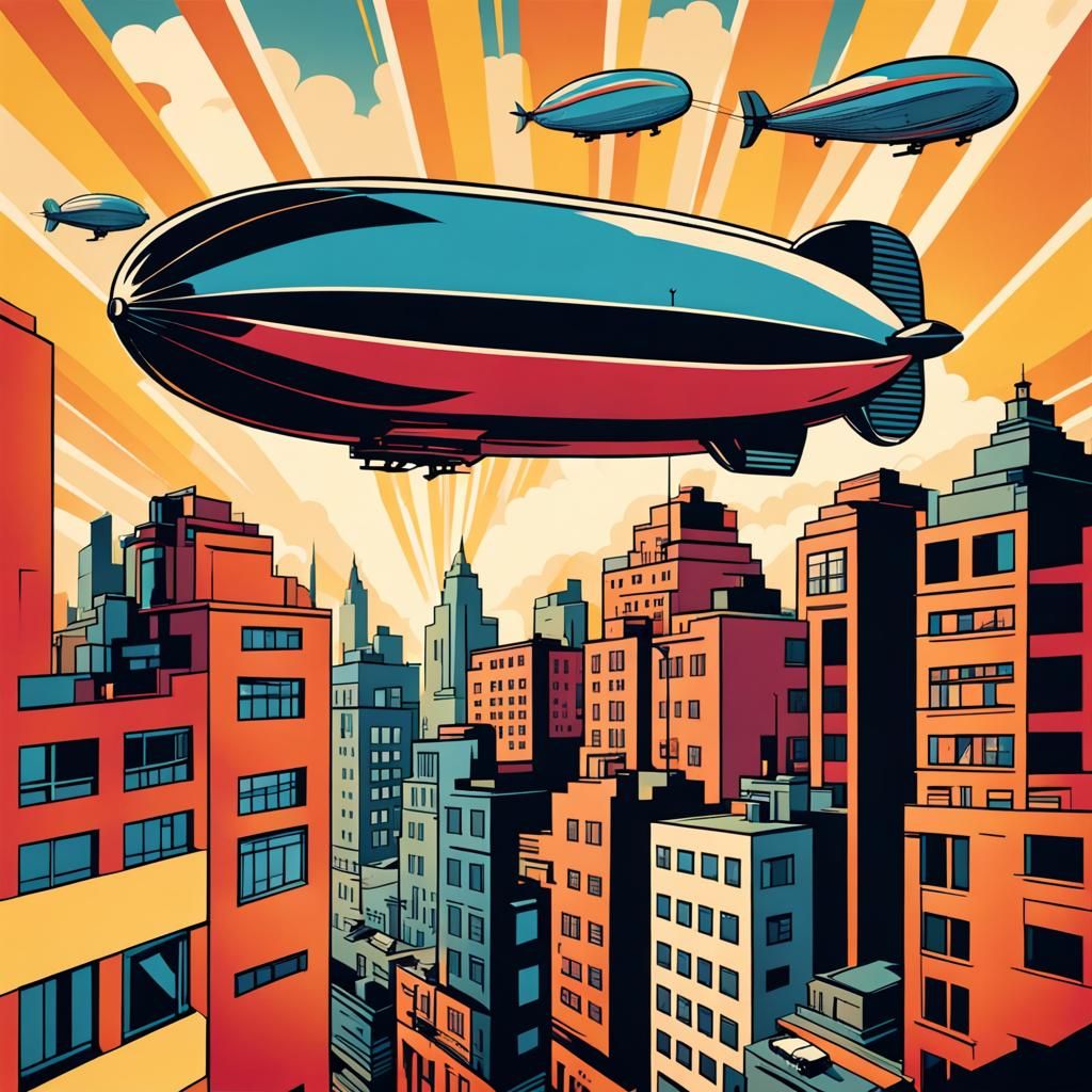 Pop art, art deco flying blimp through city - AI Generated Artwork ...