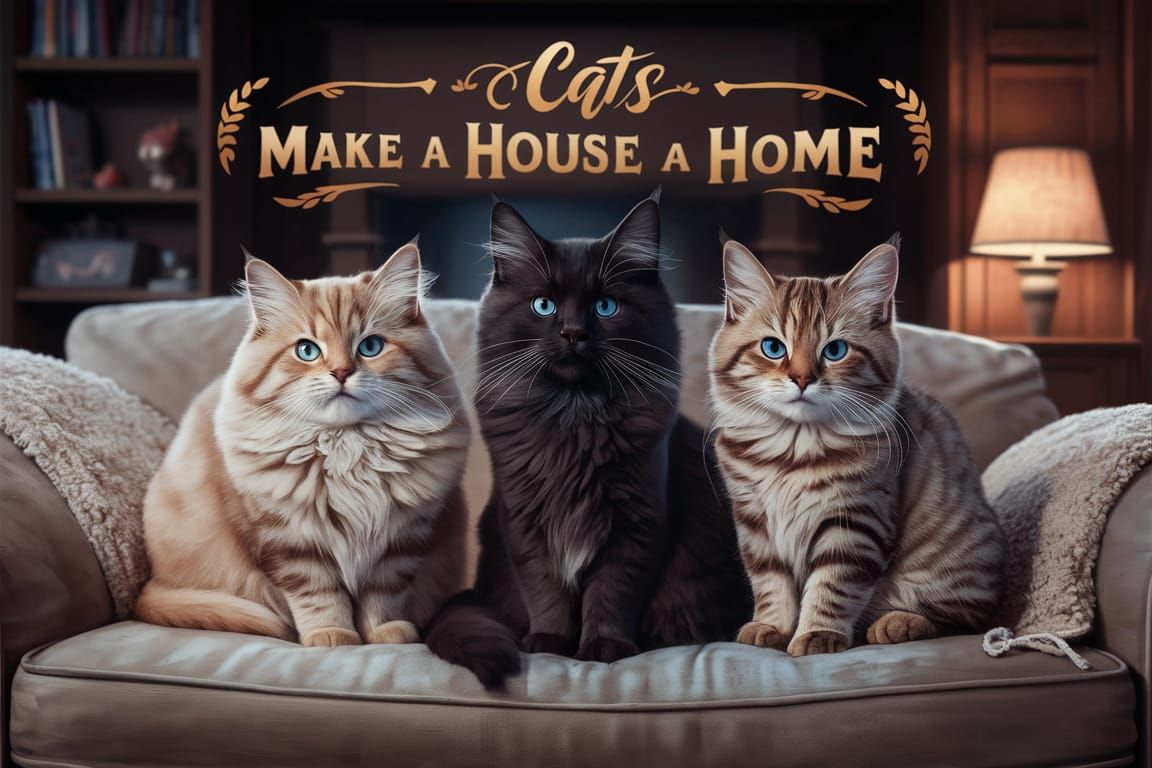 A buff-colored poofy cat, a black Mainecoon cat and a tiger-striped ...