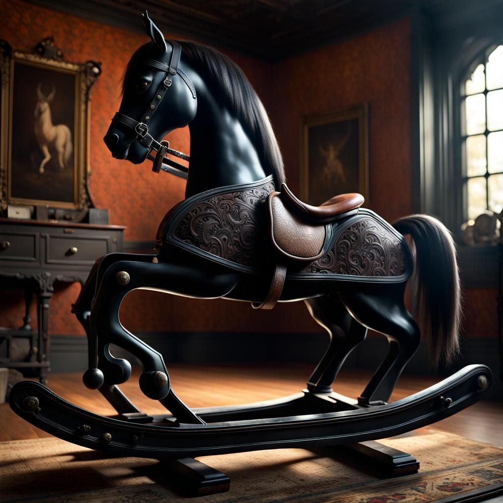 A black rocking horse, in the middle of an abandoned play room, gothic ...