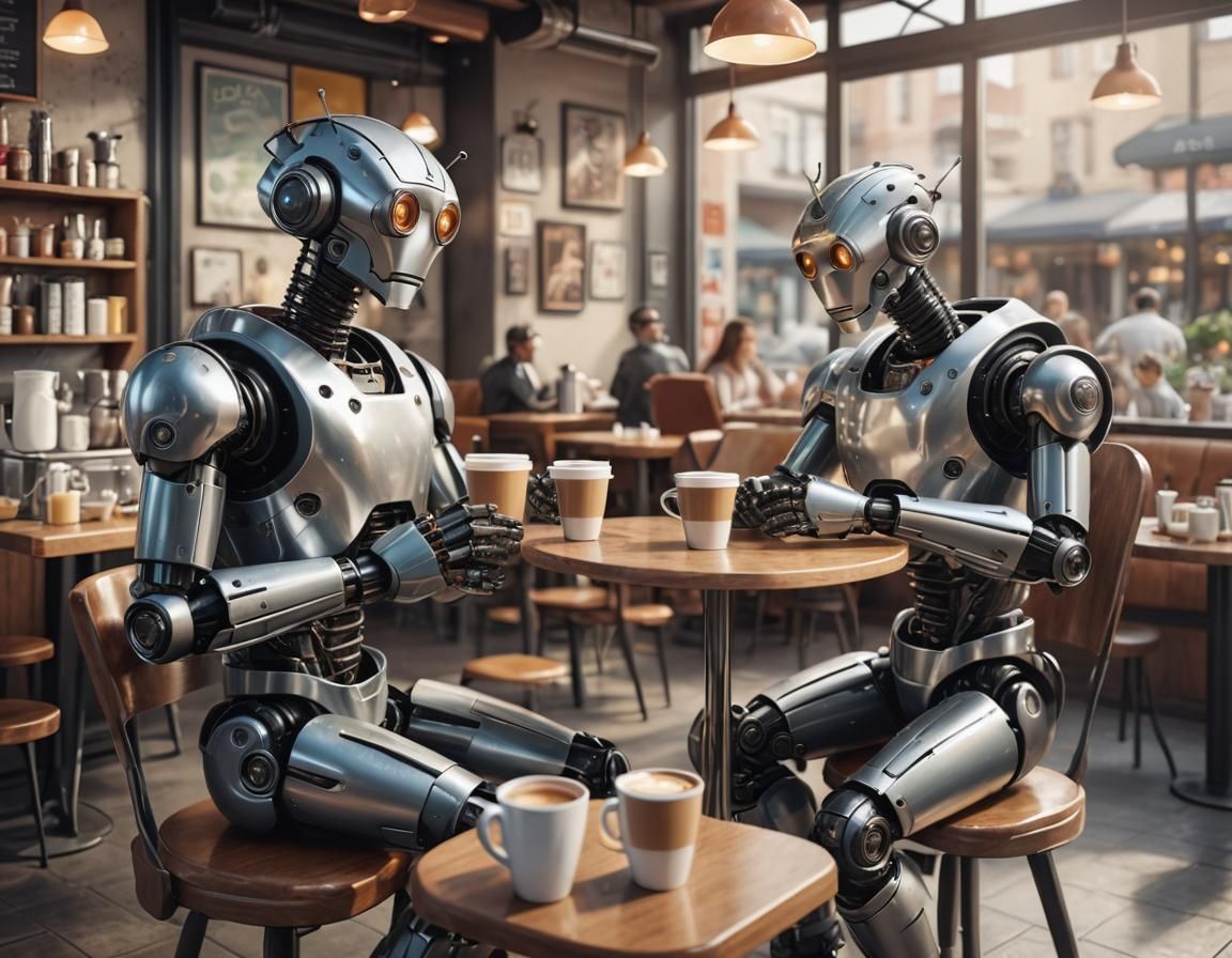 image of two robots sitting in a cafe, drinking coffee and talking to ...