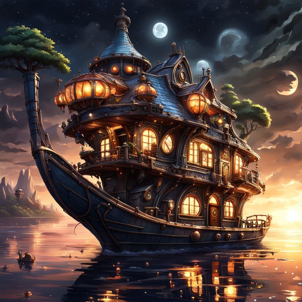 Glorious Arcane Punk Fantasy Houseboat - AI Art