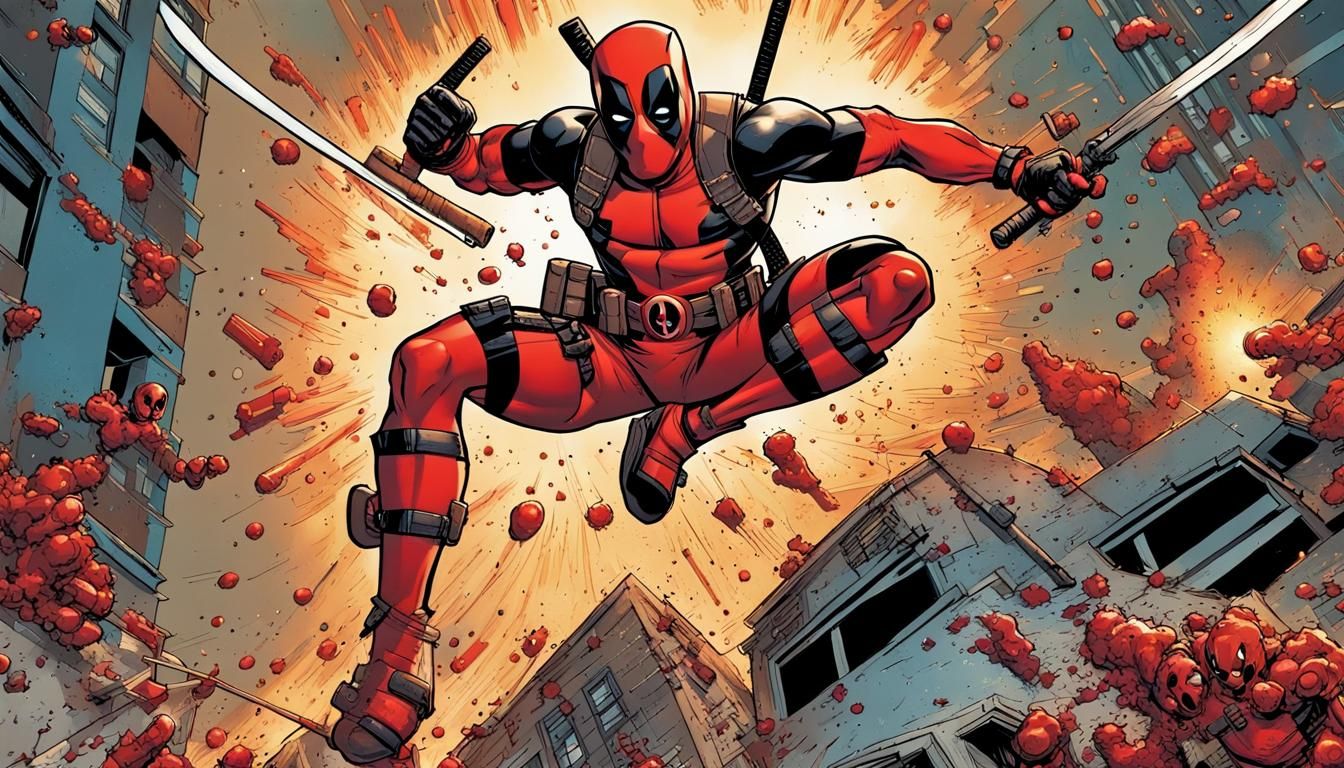 Deadpool jumping out of an explosion - AI Generated Artwork - NightCafe Creator