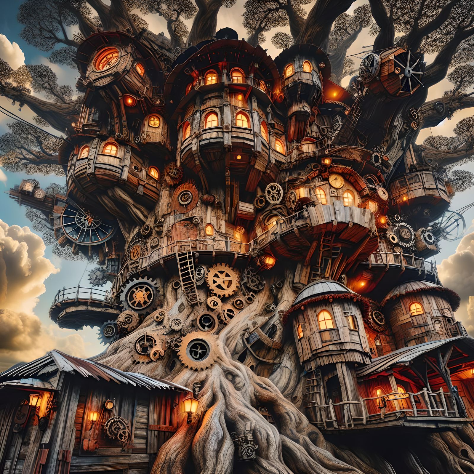 Steampunk Treehouse Carved into an Ancient Tree - AI Generated Artwork - NightCafe Creator