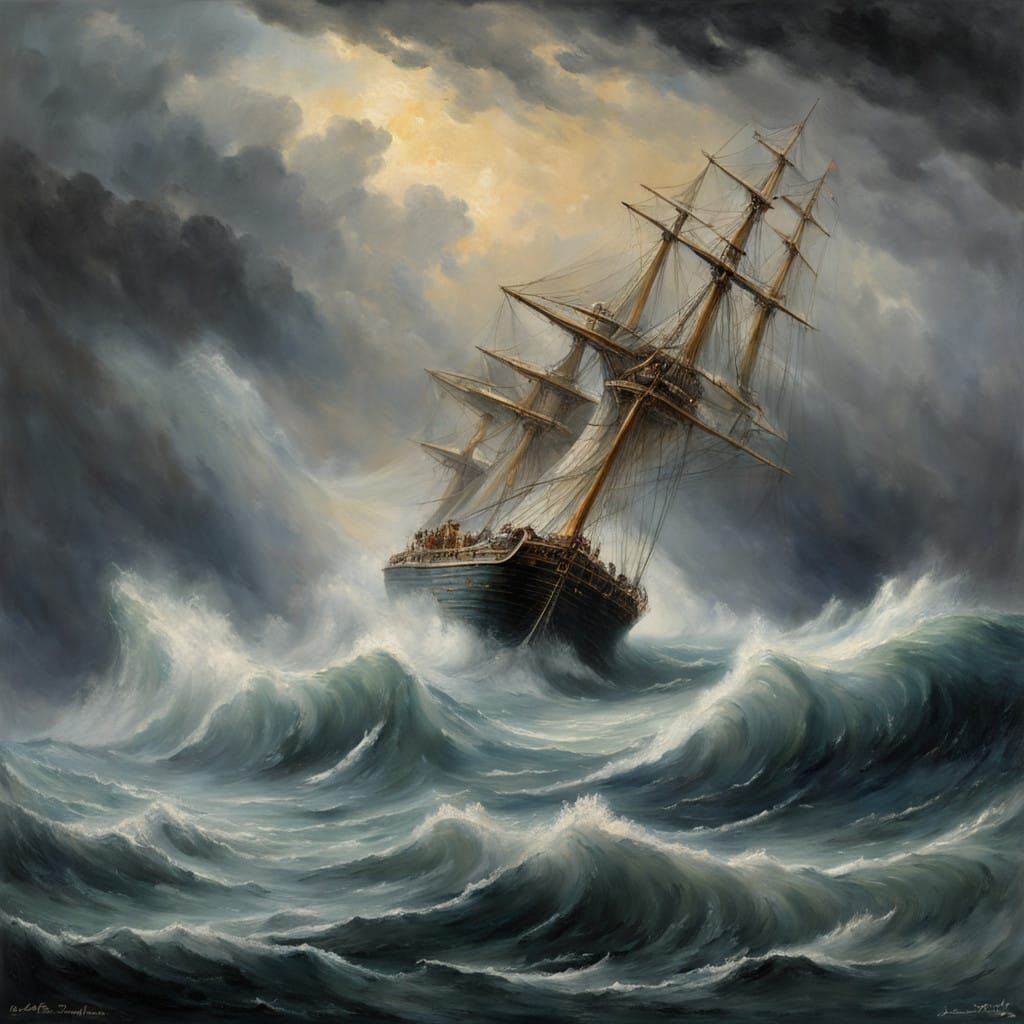 Barco no alto mar, mar agitado. - Stormy Seascape with Wreck...