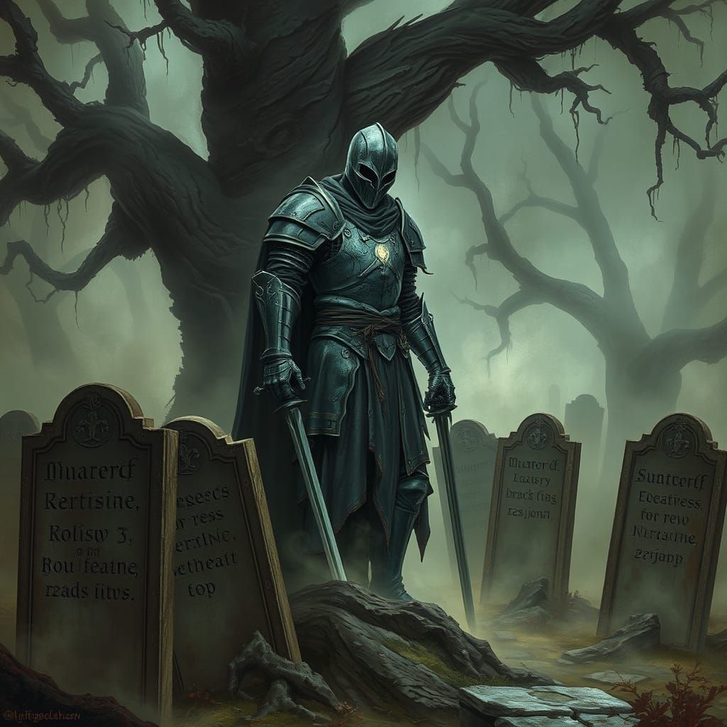Spectral Knight Vigil in Forgotten Graveyard - AI Art