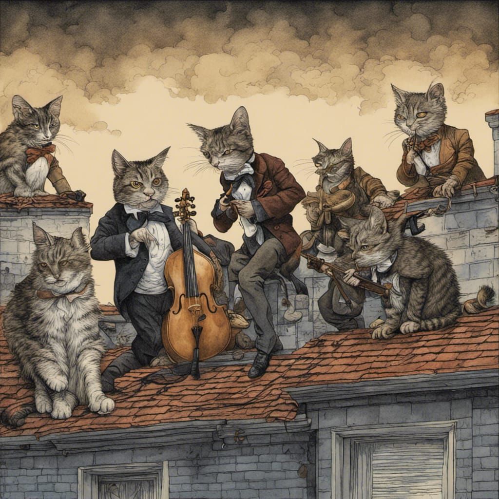 'Cacophonous Cat Quartet Capers' 4 cats joyously playing musical ...