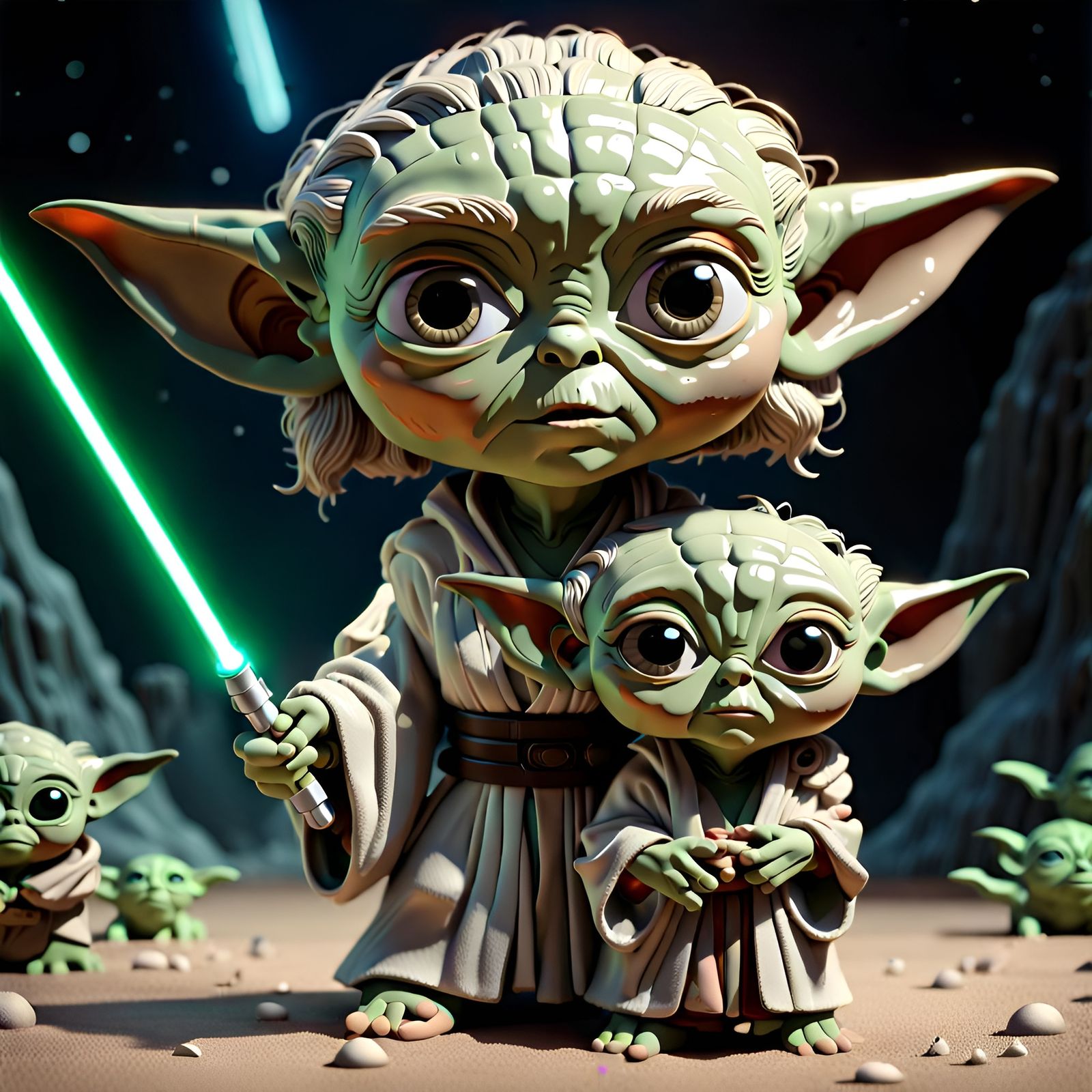 Exaggerated Bobblehead of Ray Skywalker with Yoda by her side, 3D ...