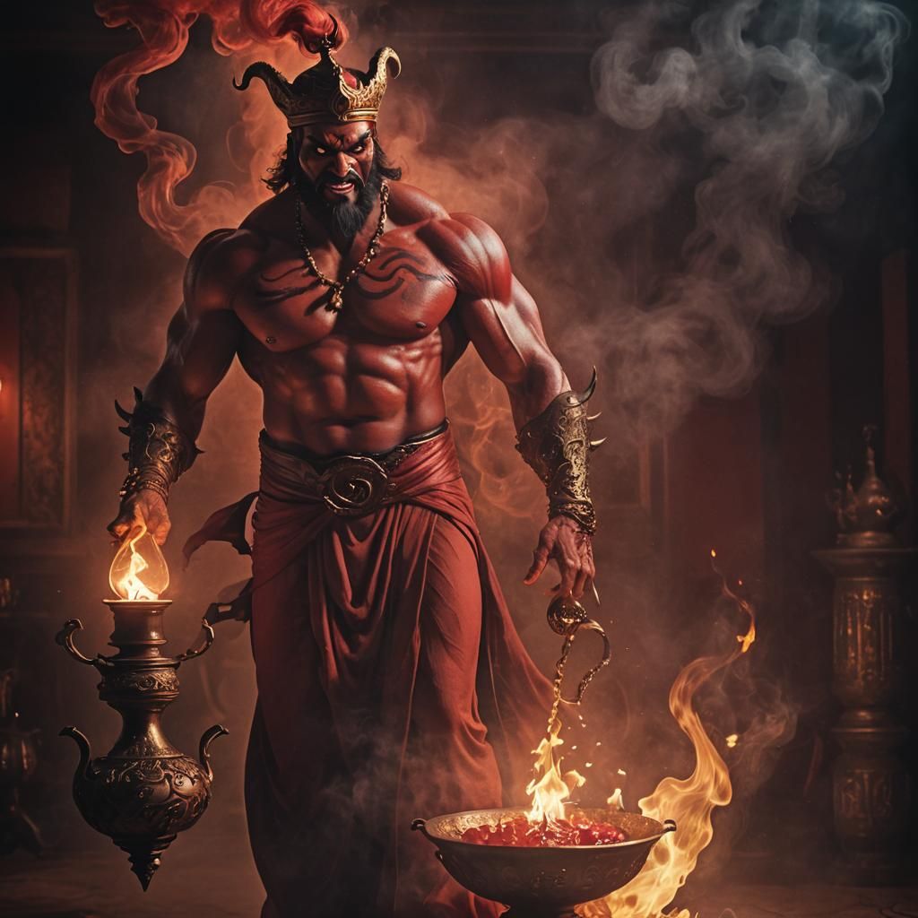 Giant Red Demon Genie Emerging from Black Oil Lamp... - AI Art