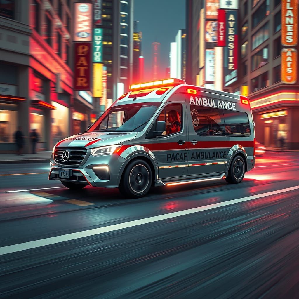 Futuristic Ambulance Car Speeding Through Neon Cit... - AI Art
