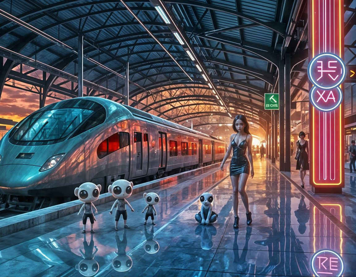Tiny chibi aliens at a train station