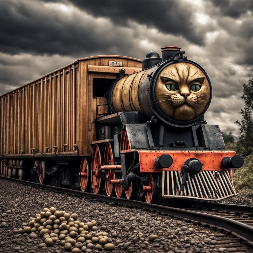 cat train hauling angry potatoes, - AI Generated Artwork - NightCafe ...