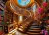 Vivid fantasy, VAST mythical library, spiralling stairs to complex ...