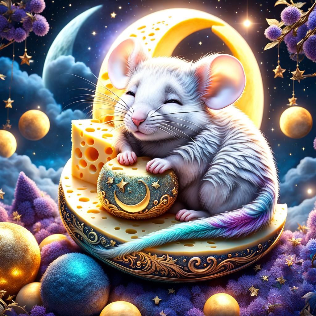 Cute adorable fluffy mouse asleep on the cheese moon crescent, the moon ...