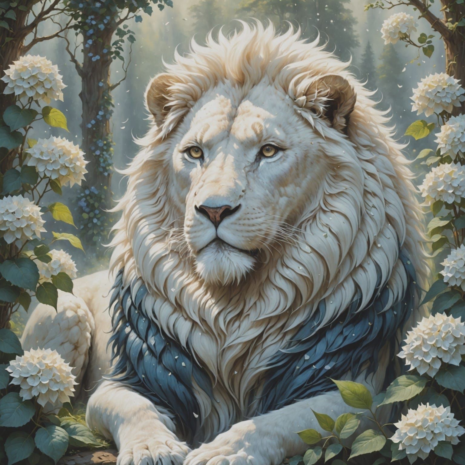 Lion Among Hydrangeas - Ethereal Lion Amidst Vibrant Hydrang...