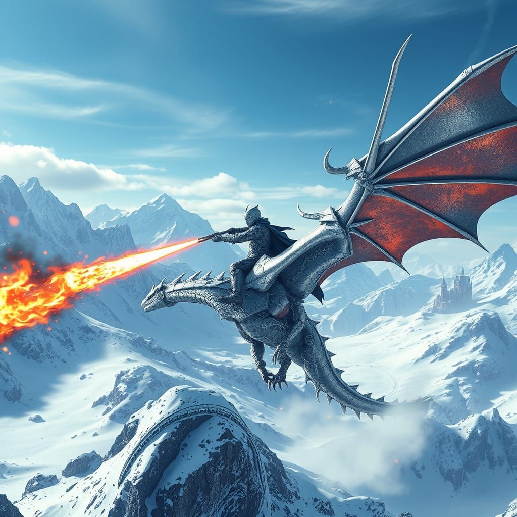 Cyberpunk Knight Battles Cybernetic Dragon in Snow... - AI Art