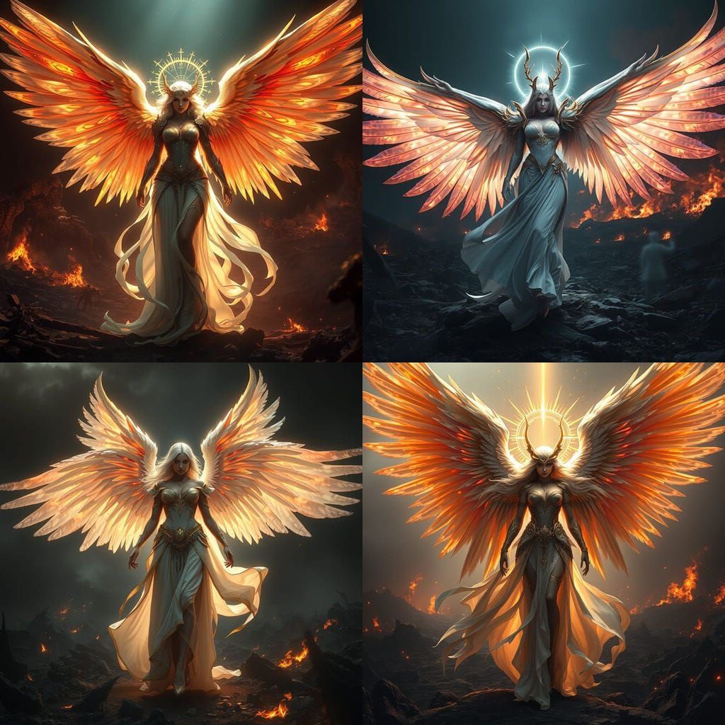 Celestial Valkyrie Goddess Unfolds Wings in Dark F... - AI Art