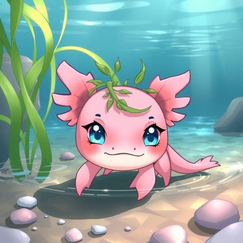 A pink axolotls with blue eyes drawn in animated chibi style. He is at ...