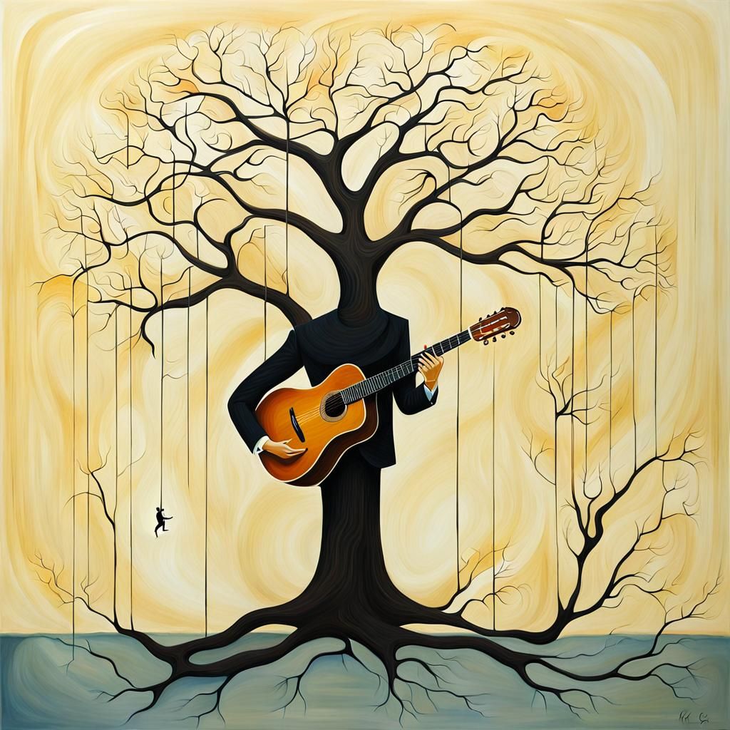 Surreal minimalist painting of a guitarist tree with branches playing ...