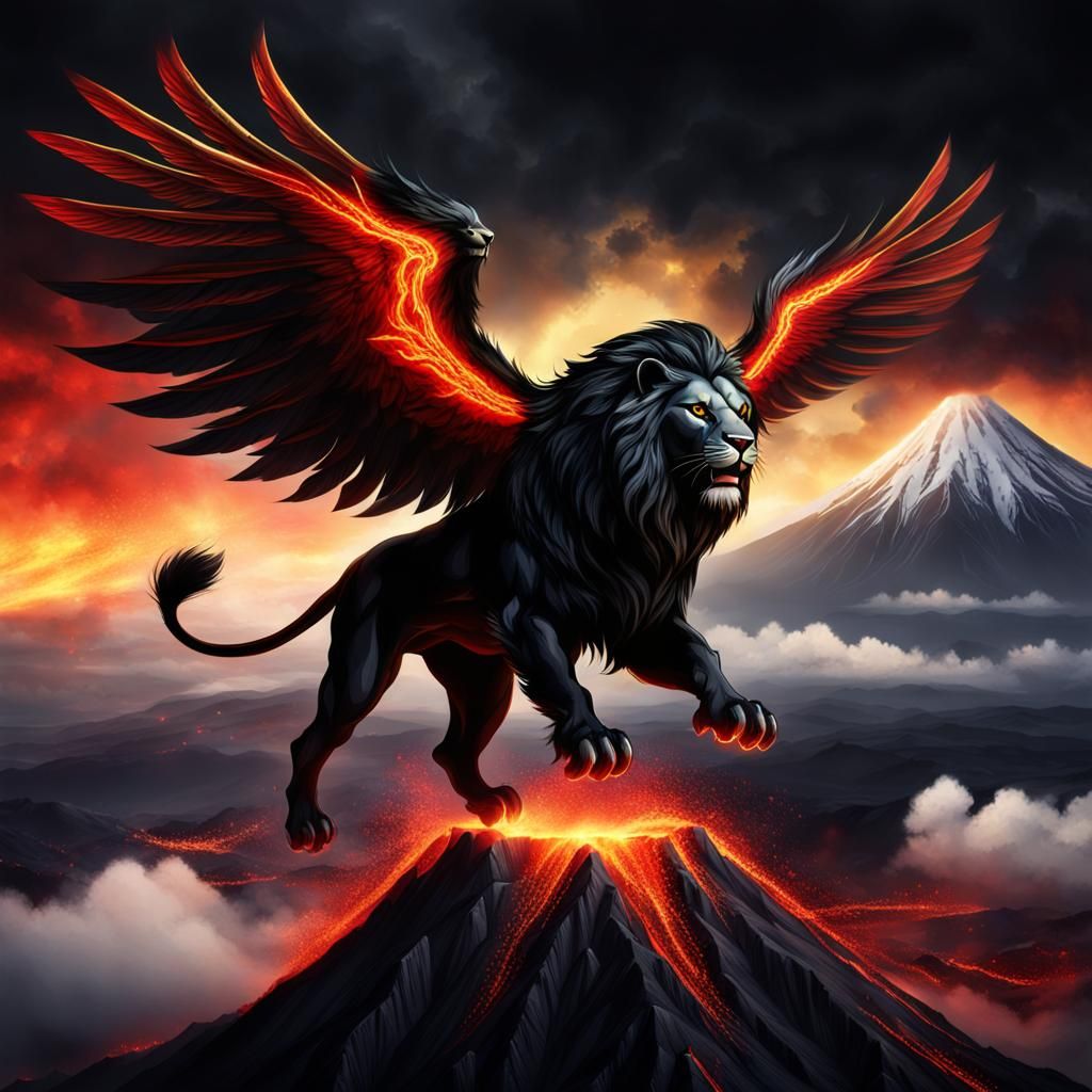 Fierce Black Lion with red and gold wings soaring over a volcano ...
