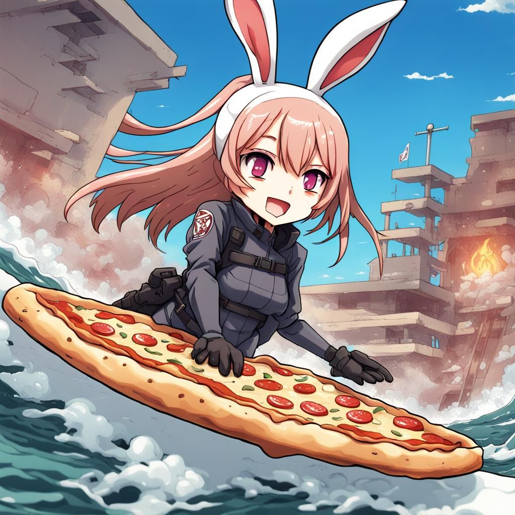 rabbit girl special forces assassin surfing on a pizza on a sea of ...