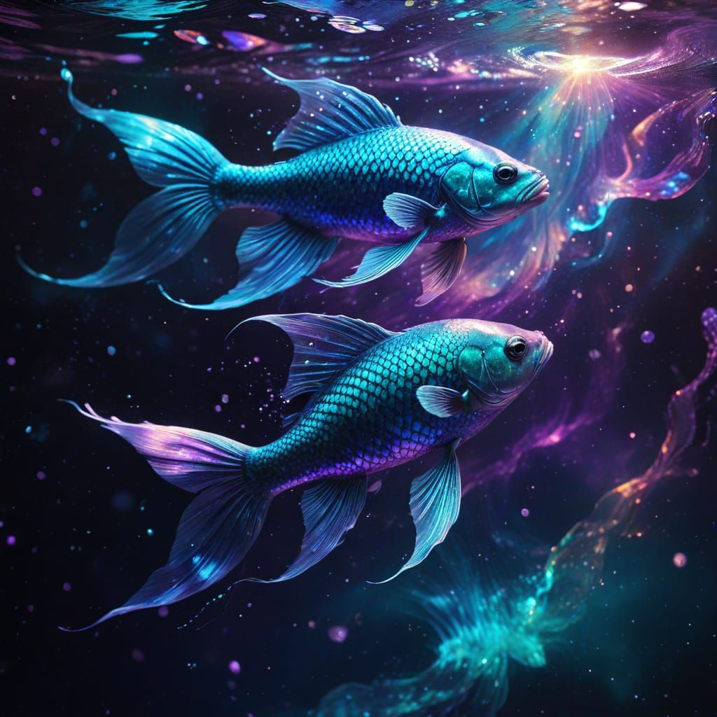 Two fish swimming in a cosmic or underwater scene, forming the Pisces ...