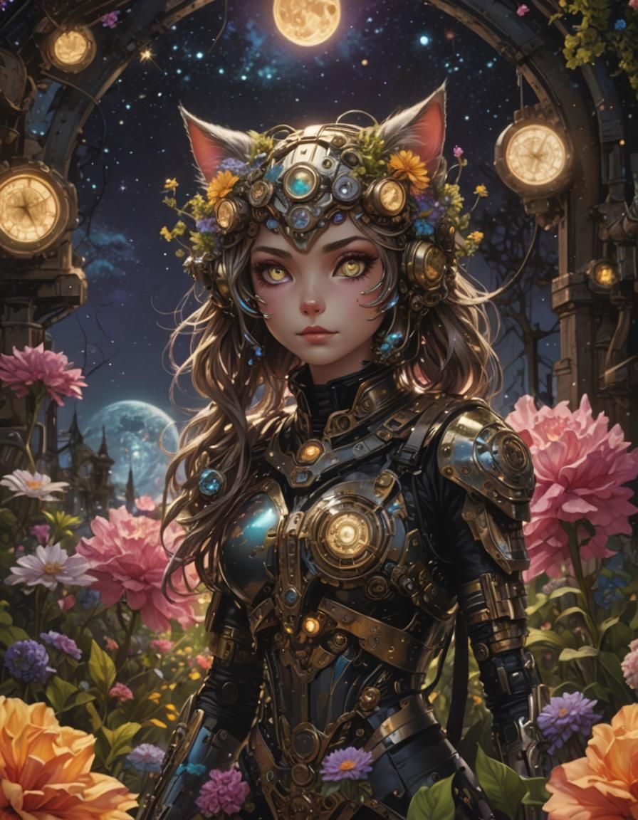 Cyborg Cat Girl in Clockpunk Garden of Stars - AI Art