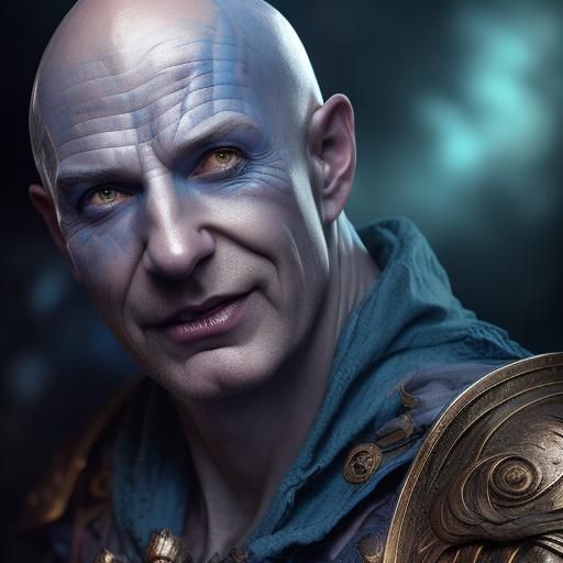 Fantasy wizard, vedalken, male, blue skin bald, blue skin, silver eyes ...