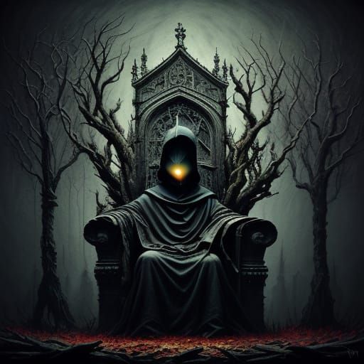 A lone, hooded figure, draped in tattered, black robes, sits atop a ...