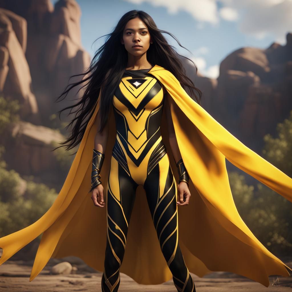 Indigenous teenage girl with long black hair wearing yellow and black ...