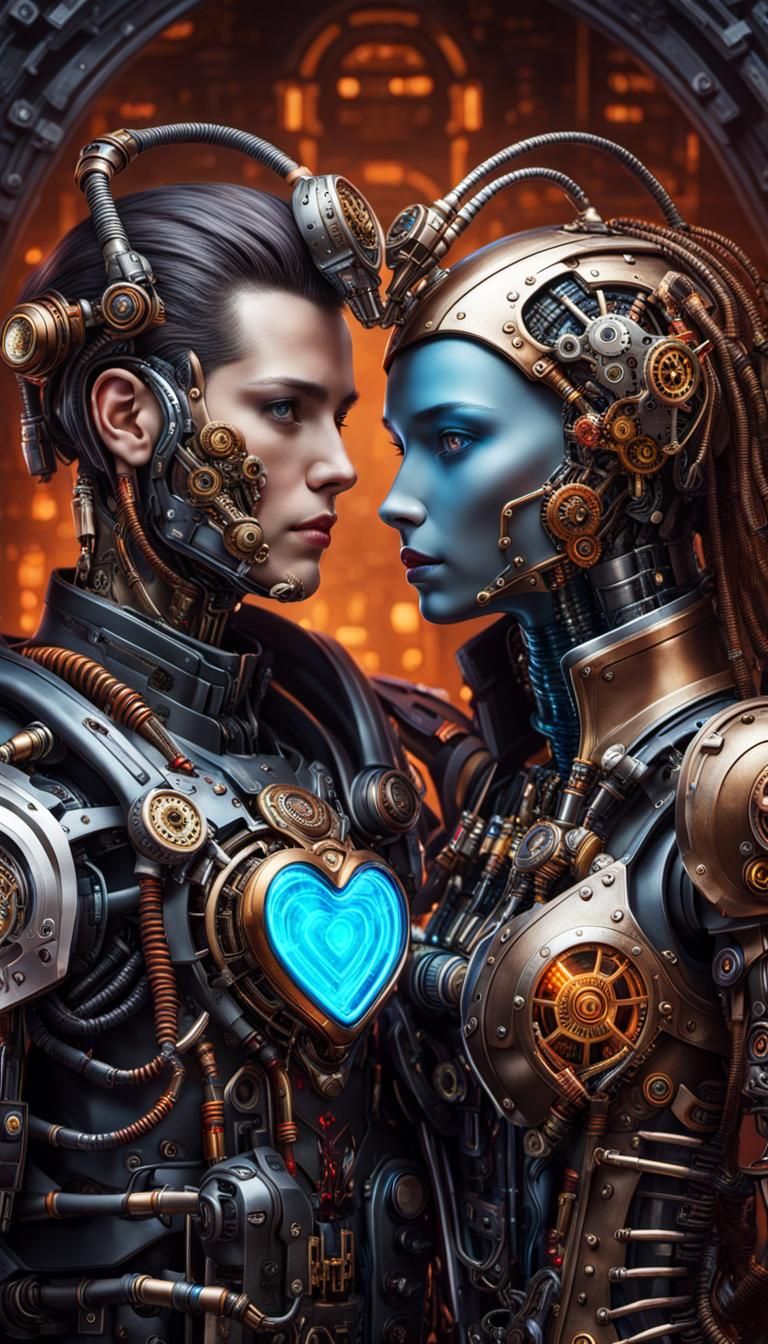 A cyborg couple connected by an intricately detailed cybernetic heart ...