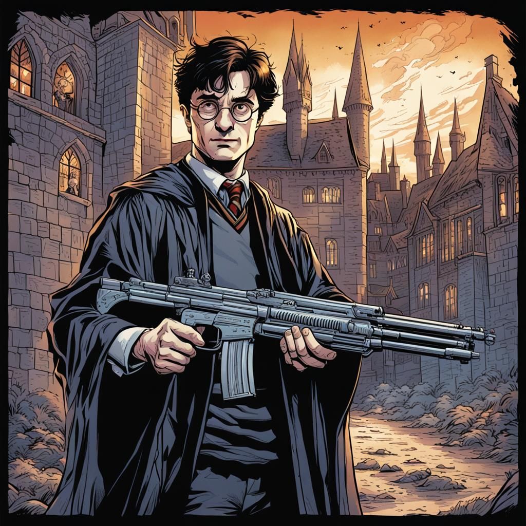 Harry Potter with mustache shoots Valdemort with his machine gun ...