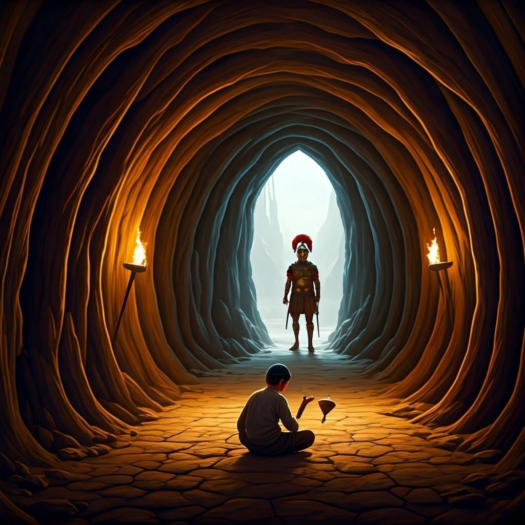 Ancient Boy in Cave Plays Spinning Top Amidst Tens... - AI Art