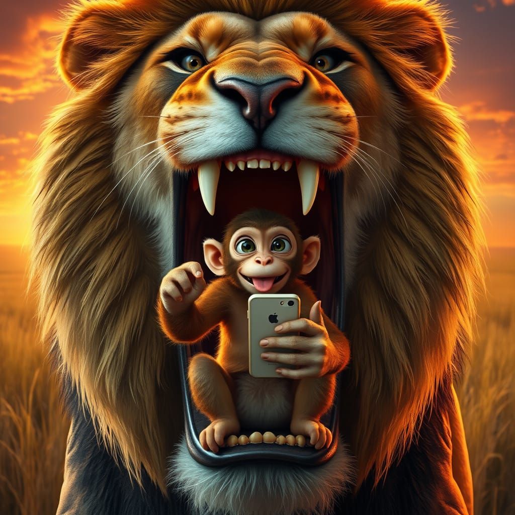 Regal Lion Bares Fierce Gaze as Mischievous Monkey... - AI Art