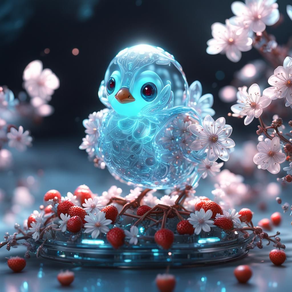 a light blue crystal glass bioluminescent chick of flowers with cherry ...