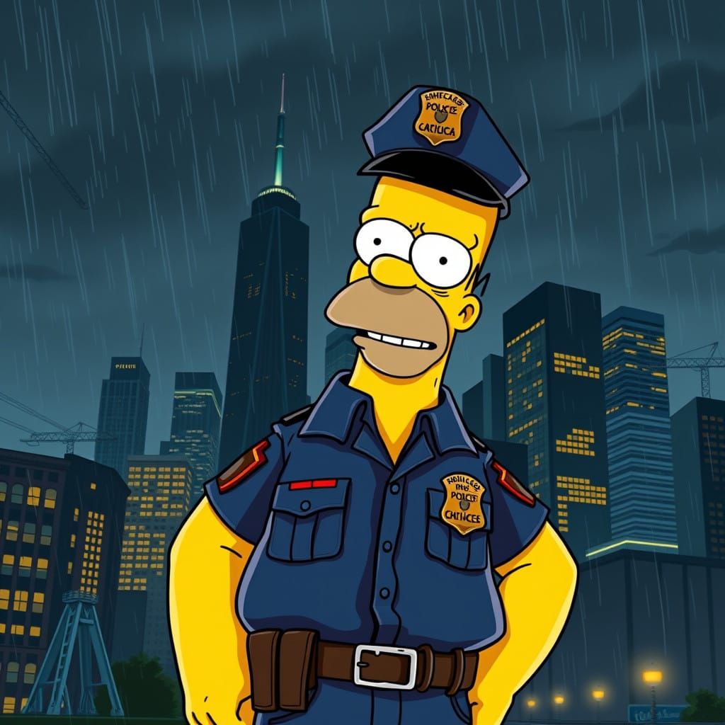 Homer Simpson, dressed in a worn, navy blue Chicago Police Department ...