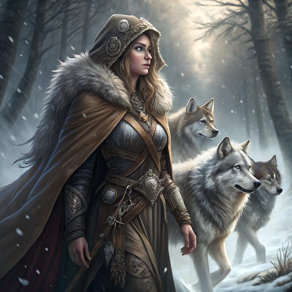 Pagan princess warrior with her direwolf pack
