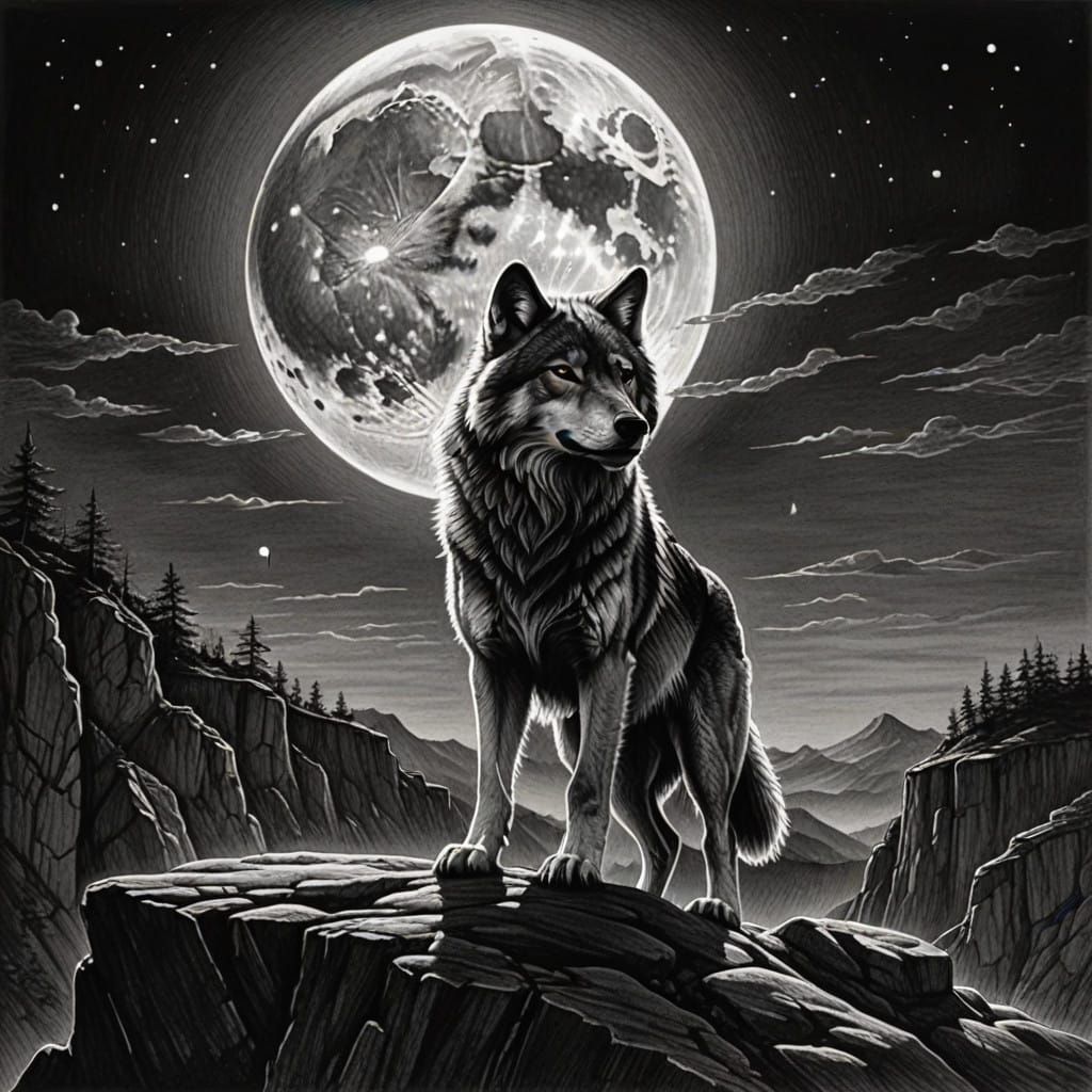 wolf moon - Moonlit Wolf on Cliff's Edge