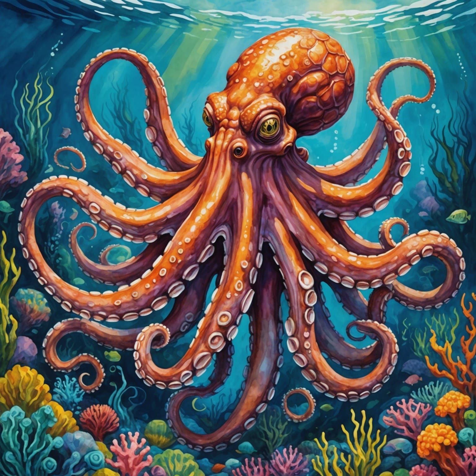Giant octopus in bottom sea in Gouache Style, Watercolor, Museum Epic ...