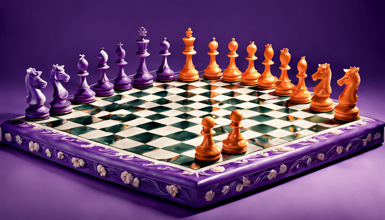 Ethereal Floral Wedgwood Chess Set on Vibrant Purp... - AI Art