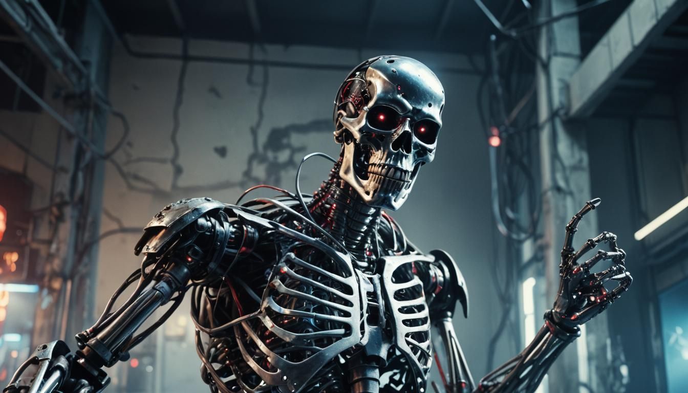 Cyberpunk Terminator Skeleton in Shattered Ruins - AI Art