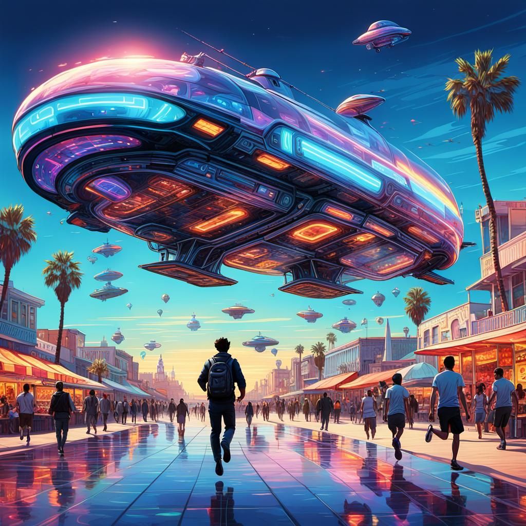Futuristic Venice Beach Boardwalk at Sunset - AI Art