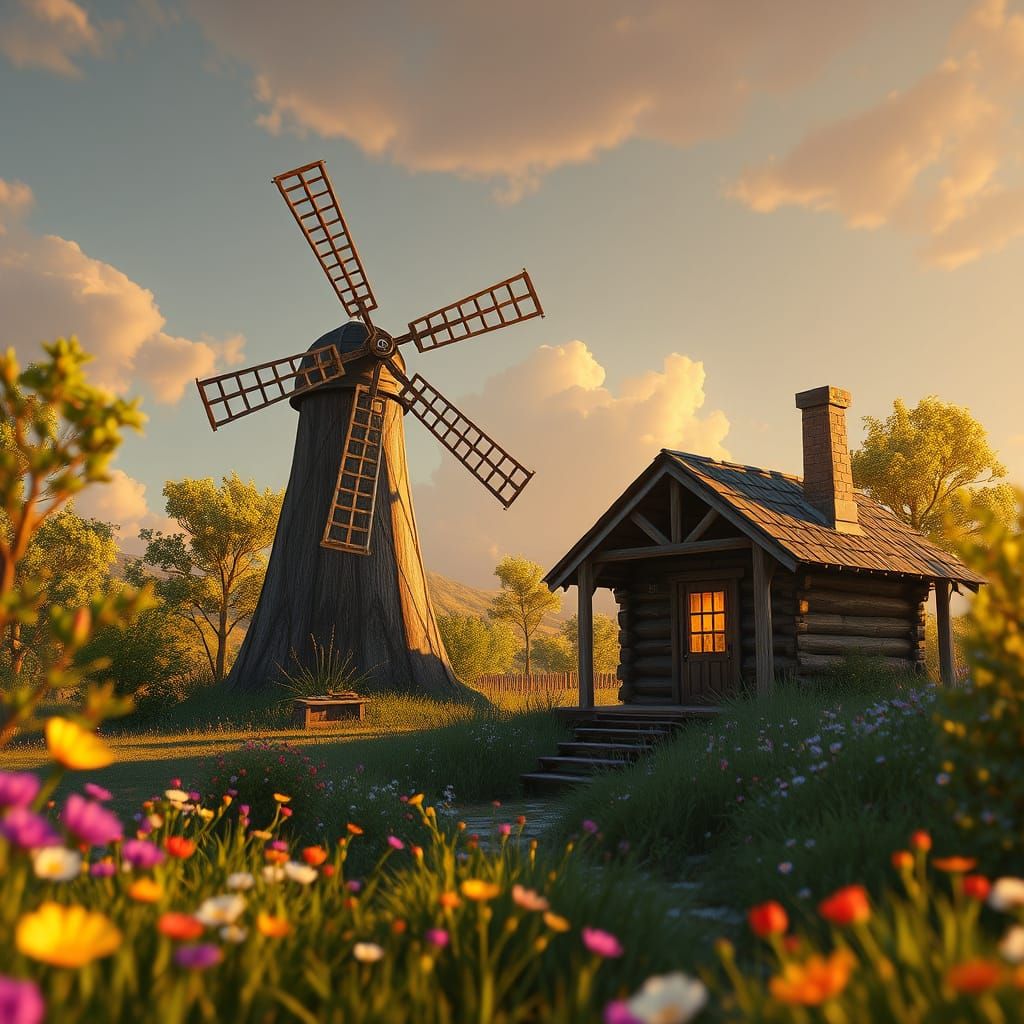 Windmill & Cabin In The Spring - Fantastical Windmill Scene ...