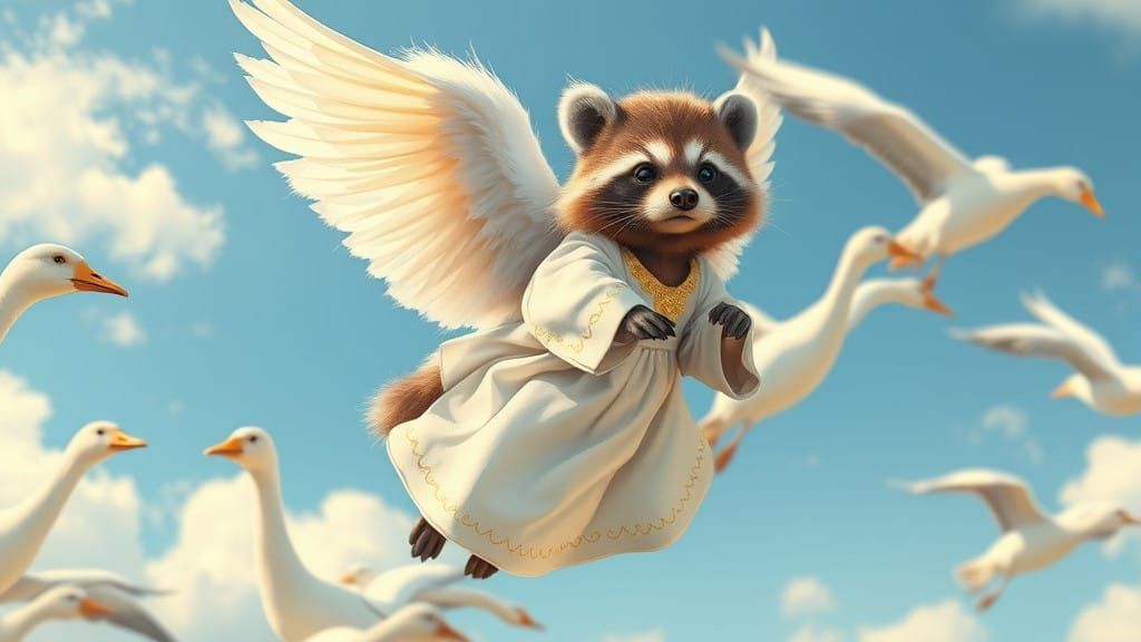 Child-sized raccoon angel playfully flies with geese