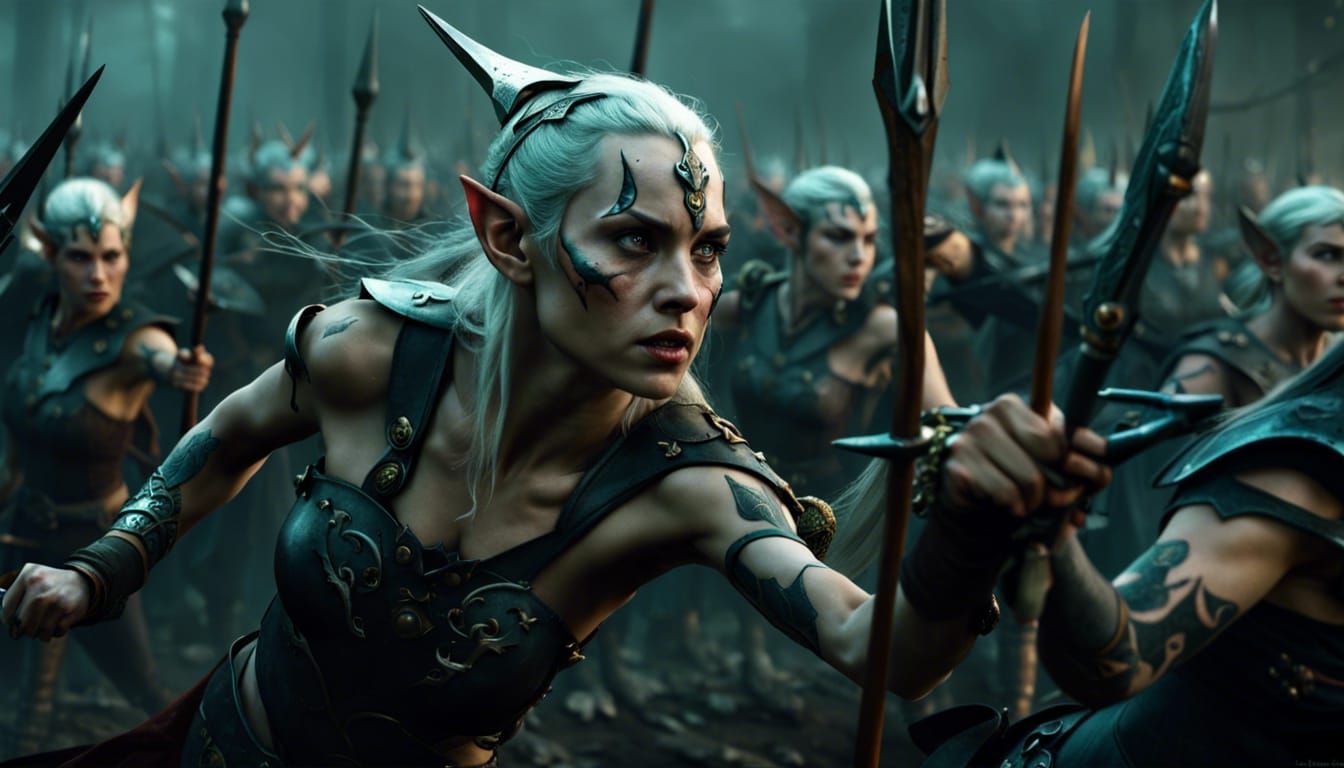 "Female Elven Warriors with pointed ears tattoos fighting in battle" 8k cinematic Dark Fantasy ...