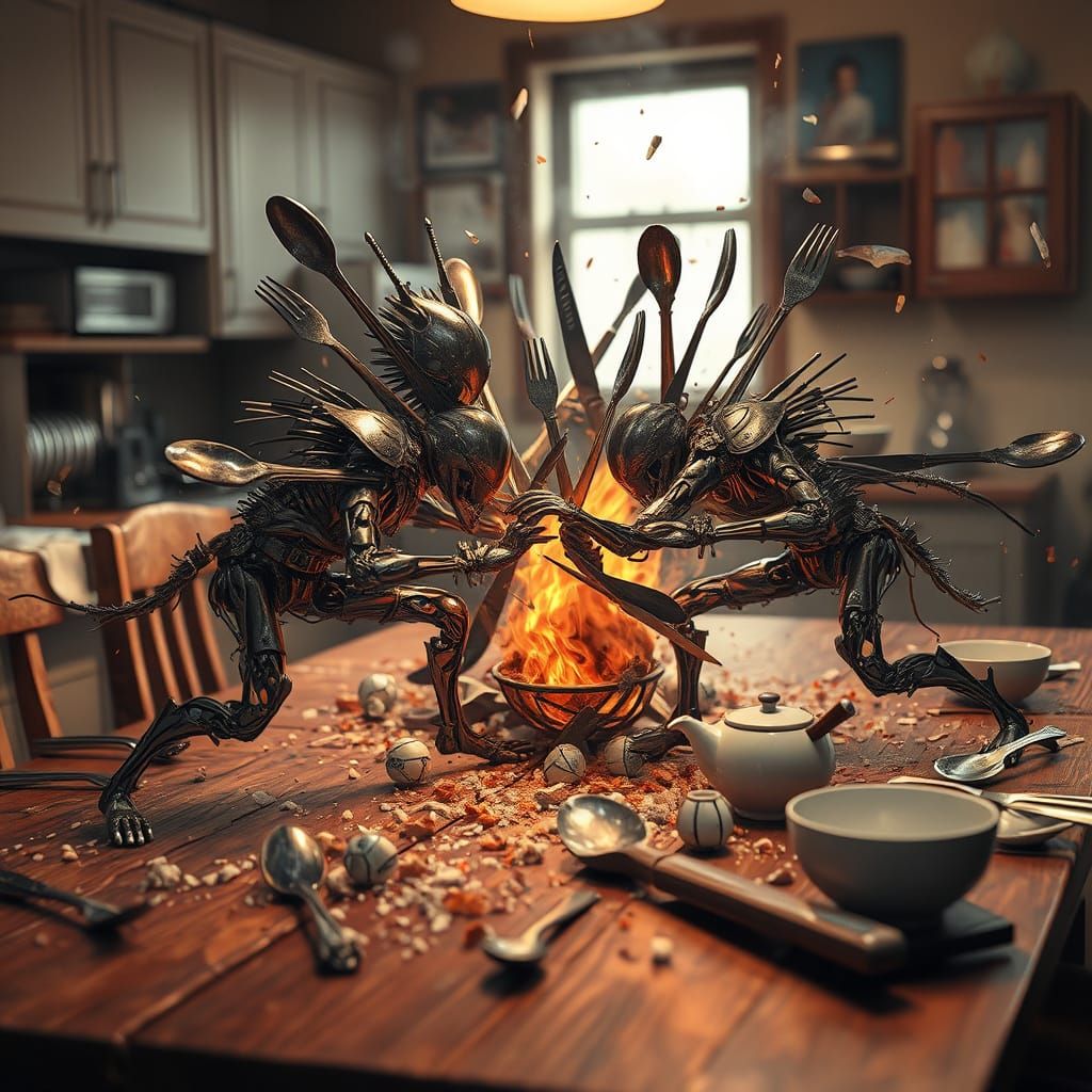 Warriors constructed from spoons, forks and knives , in a brutal battle ...