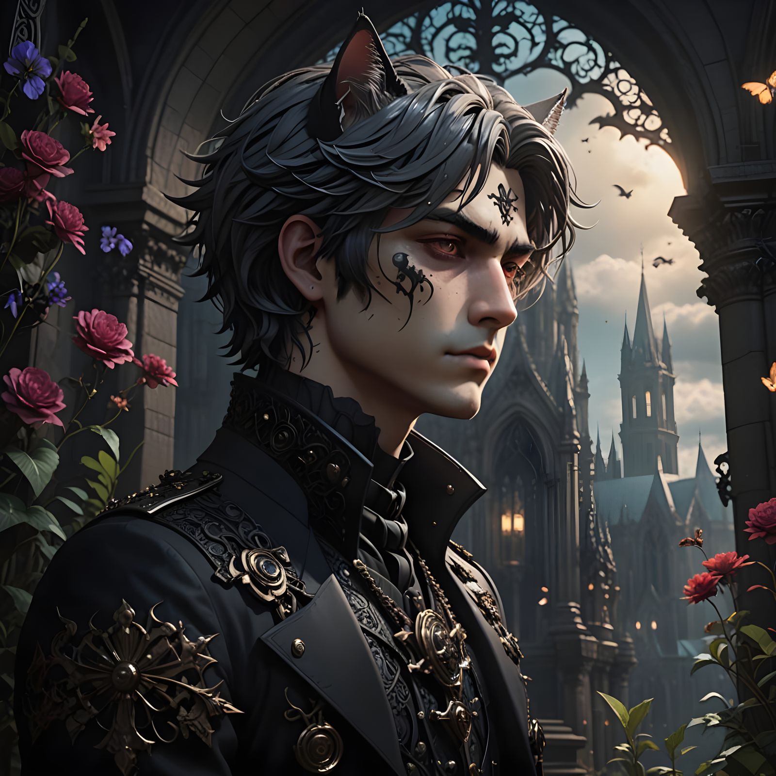Ethereal Gothic Catboy in Dark Academia Splendor - AI Art