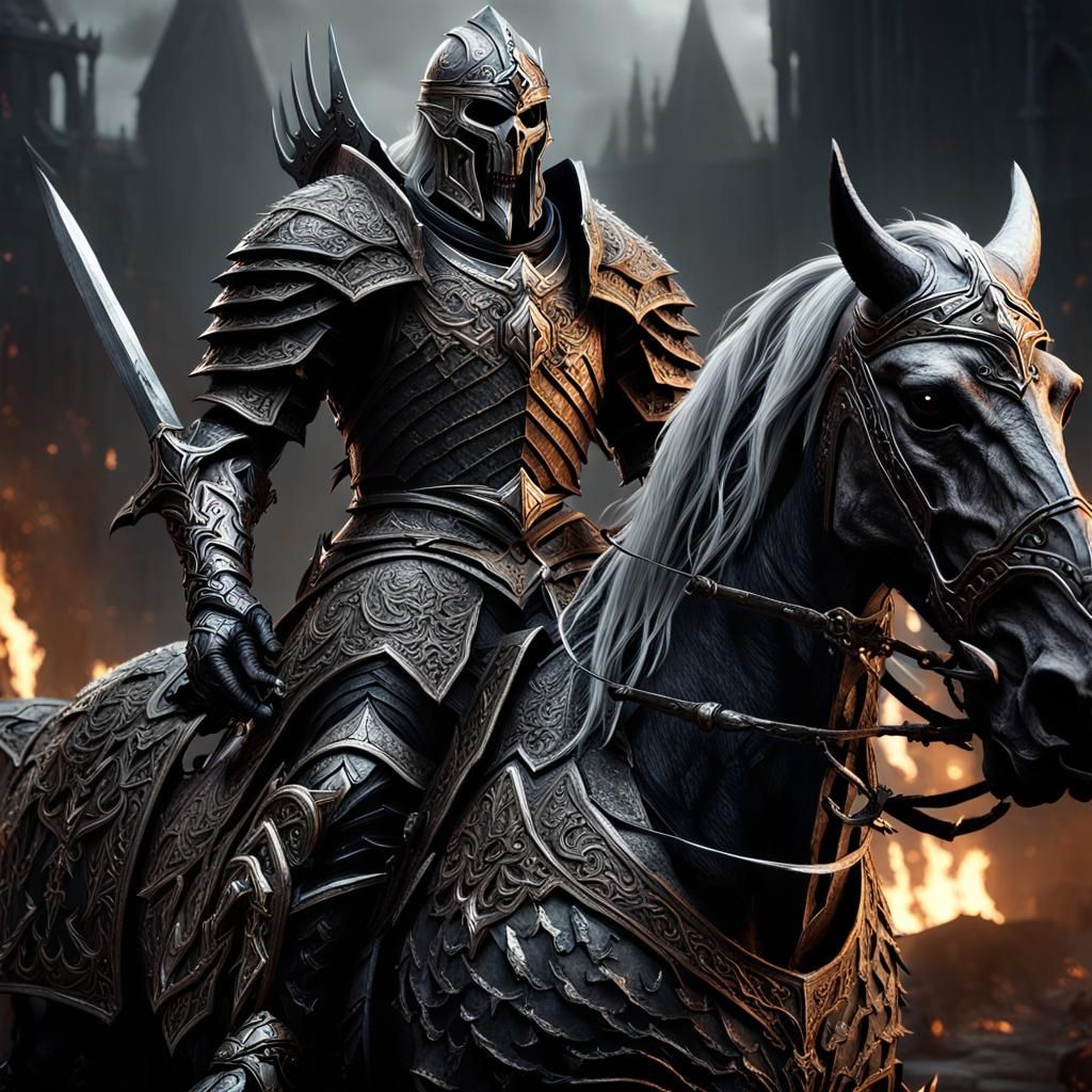 a terrifying depiction of Eredin, the Wild Hunt leader, adorned in ...