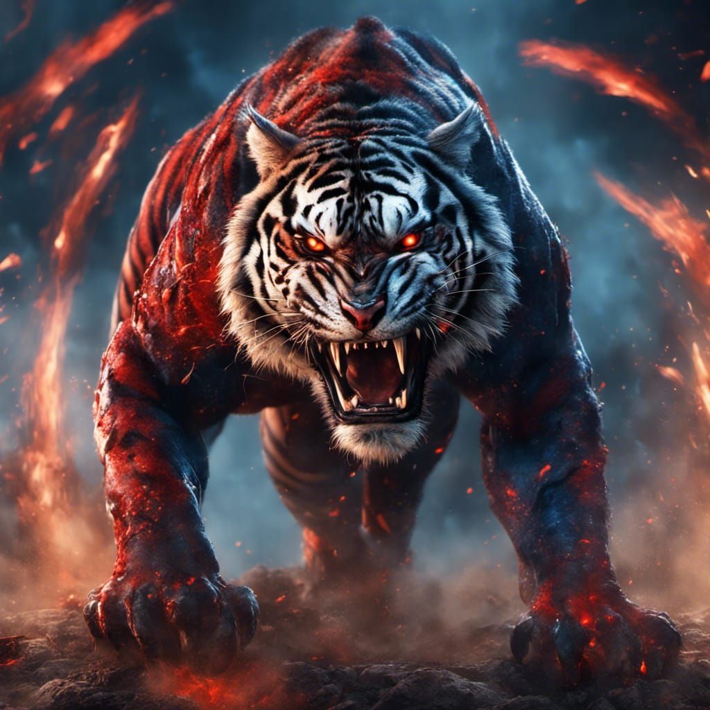 a muscular tiger with sharp teeth , blue and red particles coming out ...