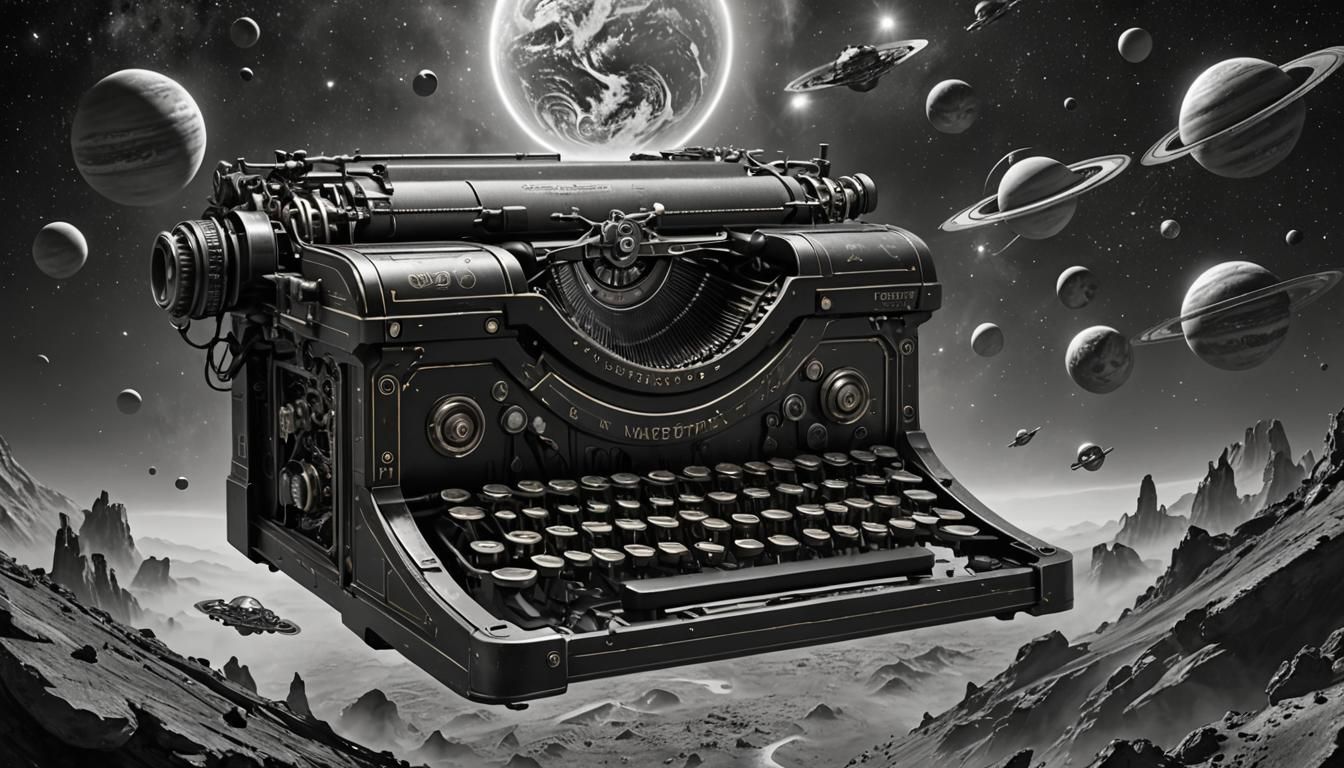 an ancient typewriter flying between planets in space, writing the ...