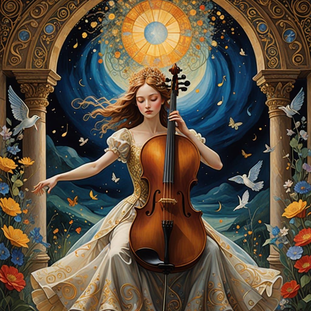 An ornate cello made of crystal-clear glass and gold, intricately ...